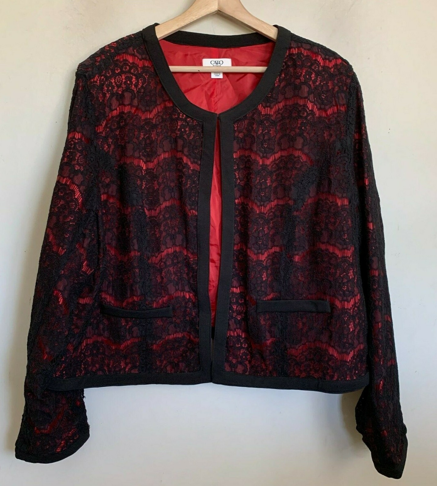 CATO Jacket Black Overlay Embroidered Red Lining Coll… - Gem