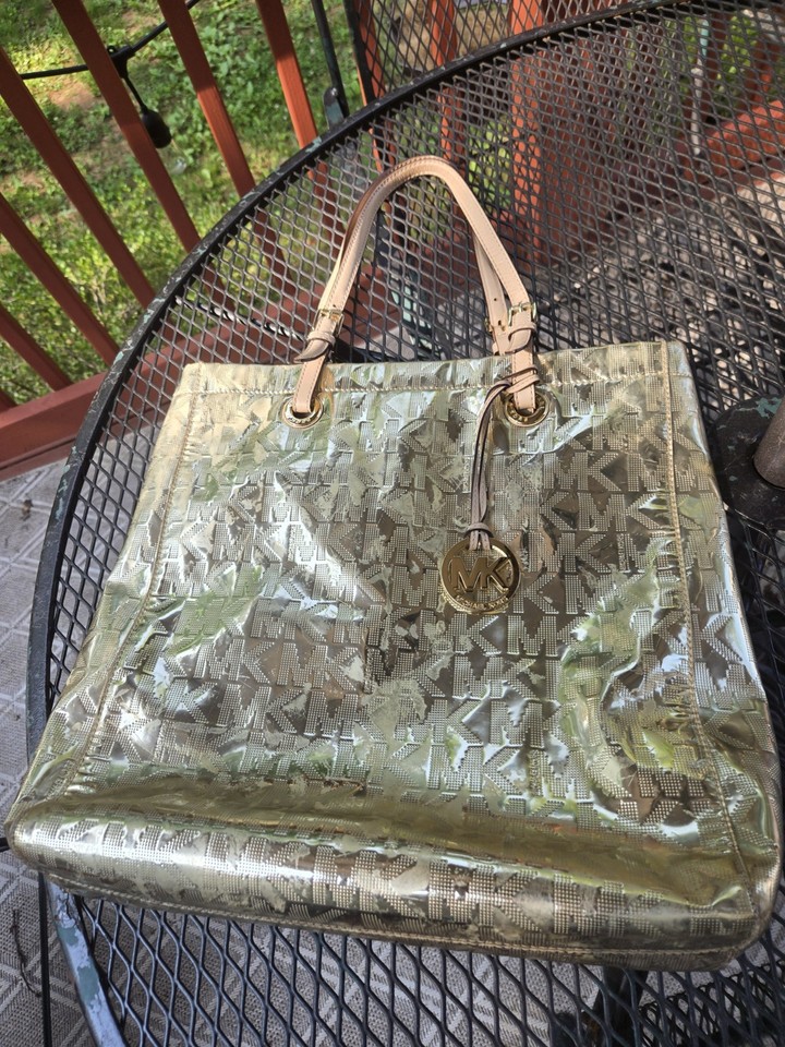 Michael Kors Signature Metallic Gold Leather Handbag Tote Bag Large ...