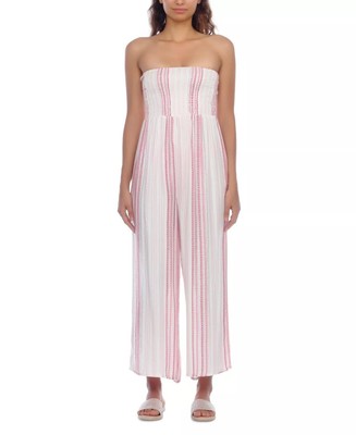 Raviya Women's Smocked-Top Jumpsuit Cover-Up Pink Stripe M | eBay