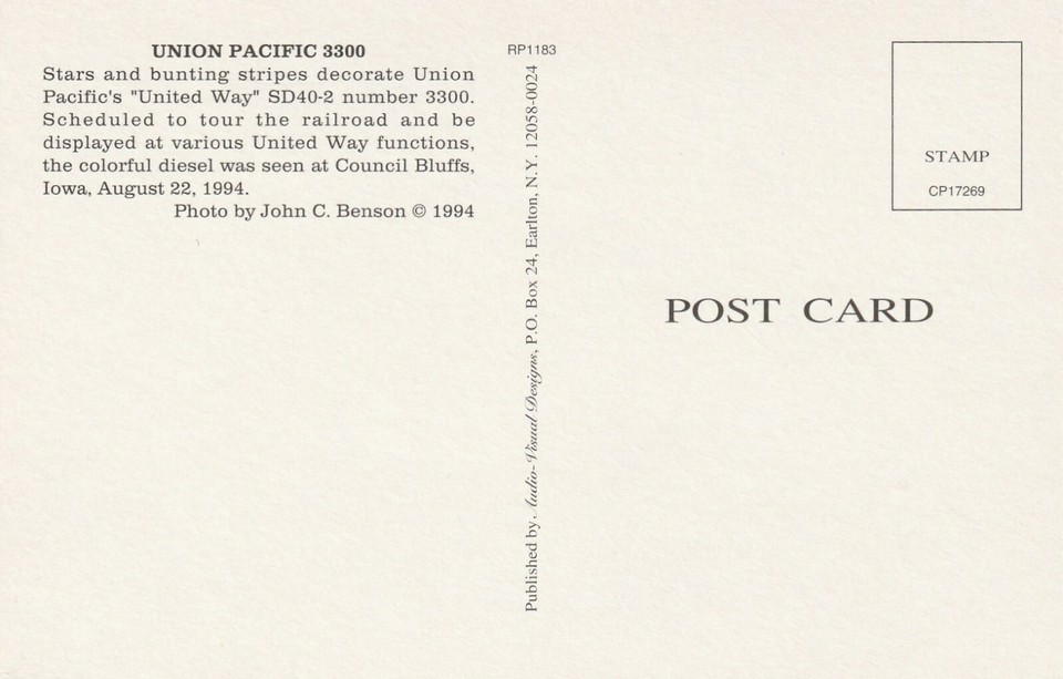 VTG TRAIN POSTCARD UNION PACIFIC UNITED WAY LOCOMOTIVE 3300 COUNCIL ...