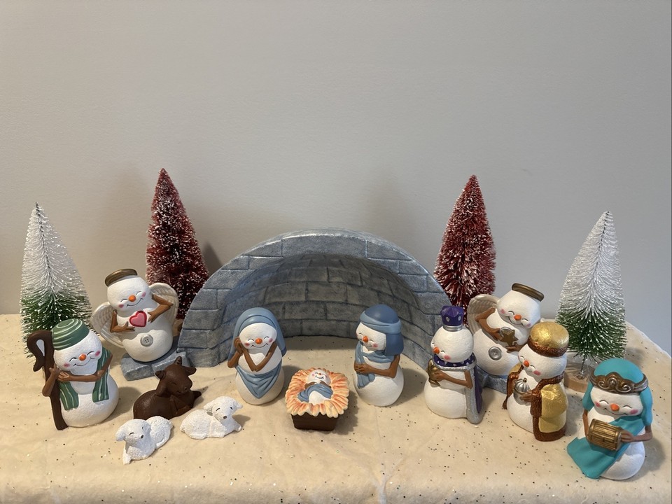 VTG Snowmen Clay Magic Ceramic Molded Nativity 15 Pc Hand Made 2001 ...