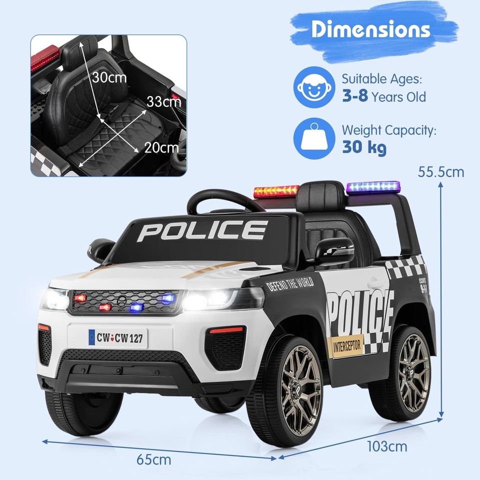 Kids Ride on Police Car 12V 7A Battery Powered Cop Car w/ Remote ...