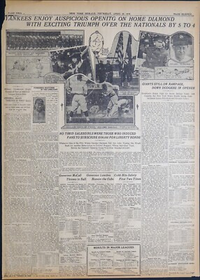 1918 New York Sports Page - Yankees Defeat Nationals in Season Opener 5 ...