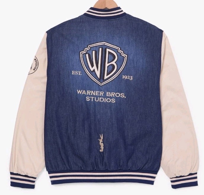 NEW Warner Bros Studio Denim Varsity Jacket Men XL Embroidere Patches ...