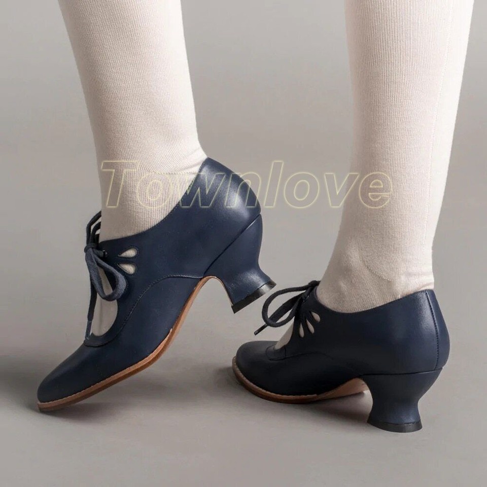 Women's Kitten Block Heels Pump Retro Pointed Toe Lace Up Shoes Sandals ...