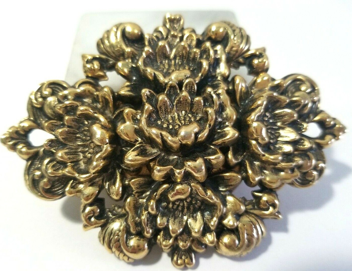 LARGE REPOUSSE BRASS FLORAL PIN LEAVES FLOWERS VINTAG… - Gem