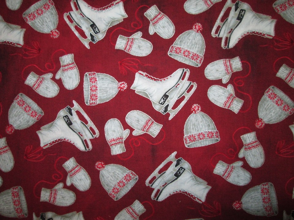 ICE SKATING HATS MITTENS METALLIC THREAD ICE SKATES GRAY COTTON FABRIC ...