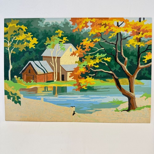 Vintage 50s Paint By Numbers Unfinished Lakehouse Country Life Scenery ...