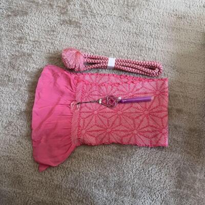 OBIJIME & OBIAGE Set Pink Flower Japanese Kimono Furisode Shibori Used ...