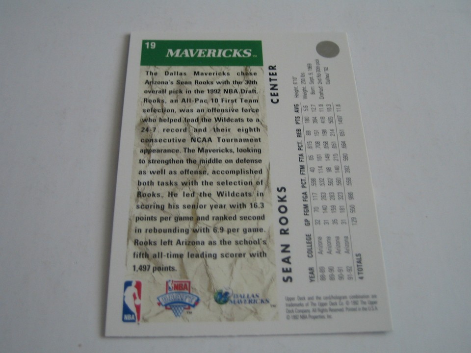 1992/93 Upper Deck Basketball Sean Rooks Card 19 Dallas Mavericks | eBay