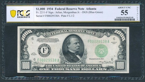 1934 $1000 One Thousand Dollar Bill Scarce Atlanta Currency PCGS-B AU55 ...