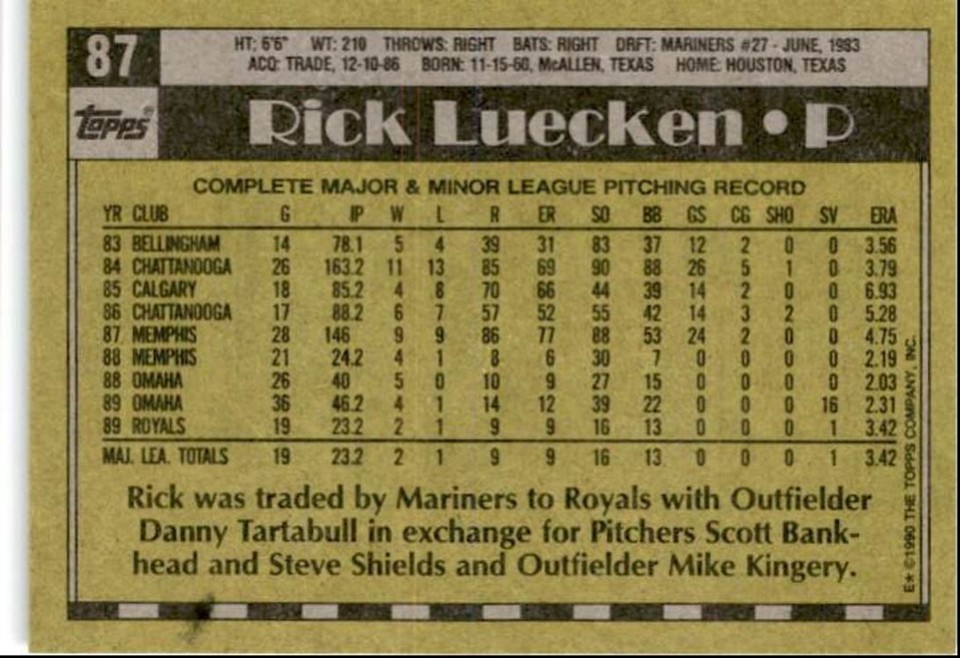 1990 Topps Baseball Cards Rick Luecken Rookie Kansas City Royals #87 | eBay
