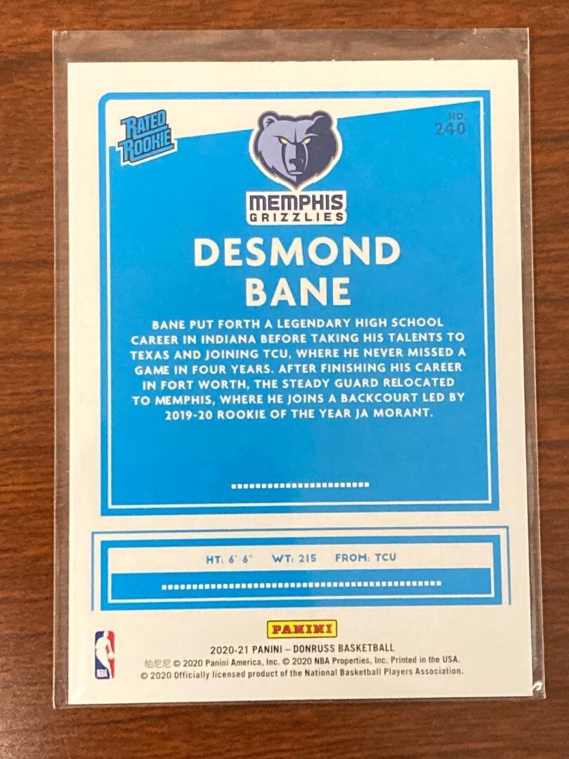 DESMOND BANE 2020-21 DONRUSS RATED ROOKIE MEMPHIS GRIZZLIES CARD #240 ...