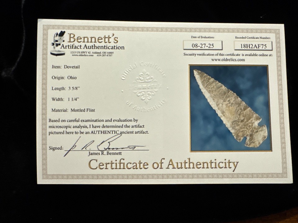 3-5/8” OHIO DOVETAIL w/ BENNETT’S COA Authentic Arrowhead PERFECTION High Grade! | eBay