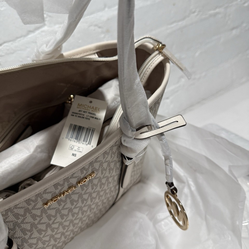 Michael Kors Jet Set Travel EW TZ Tote Vanilla MK Logo PVC Leather Trim ...