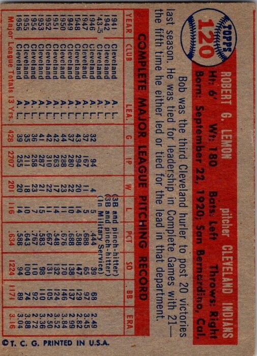 1957 Topps BOB LEMON Cleveland Indians #120 VG+ Condition (2) | eBay