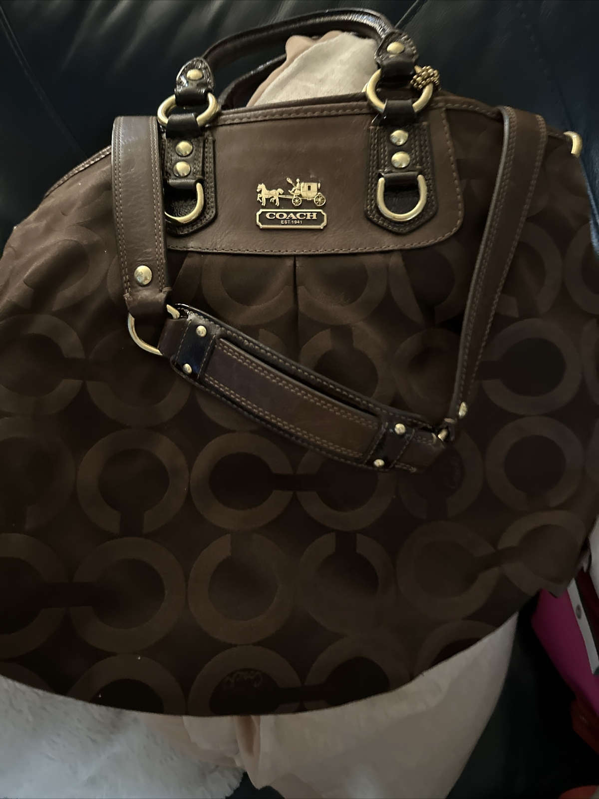 Brown Coach Logo Fabric Satchel Bag - Gem
