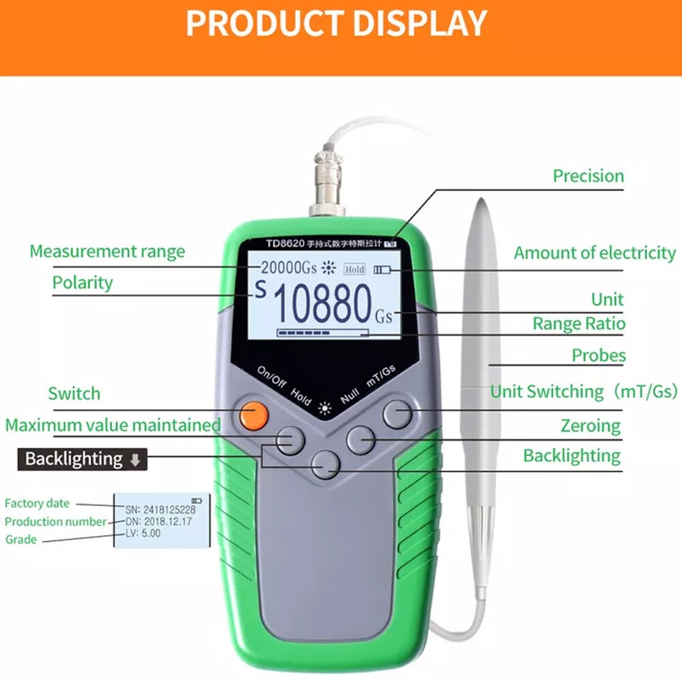 Handheld Gauss Meter Magnetometer Digital Magnetic Field Tester Flux ...