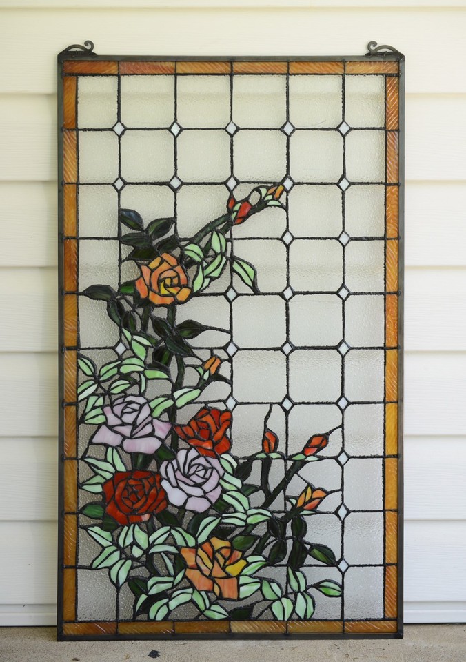 Tiffany Style stained glass window panel Rose Flowers , 20" x 34" | eBay