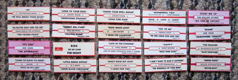 LARGE LOT OF 166 ORIGINAL JUKEBOX STAR TITLE STRIPS - mostly 60's - 70 ...