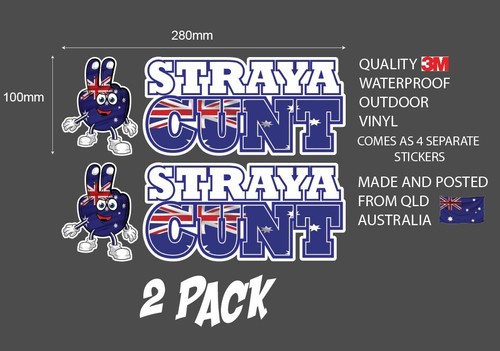 AUSSIE STRAYA C##T HAND 2PK Waterproof Vinyl DECAL 280x100mm Caravan ...