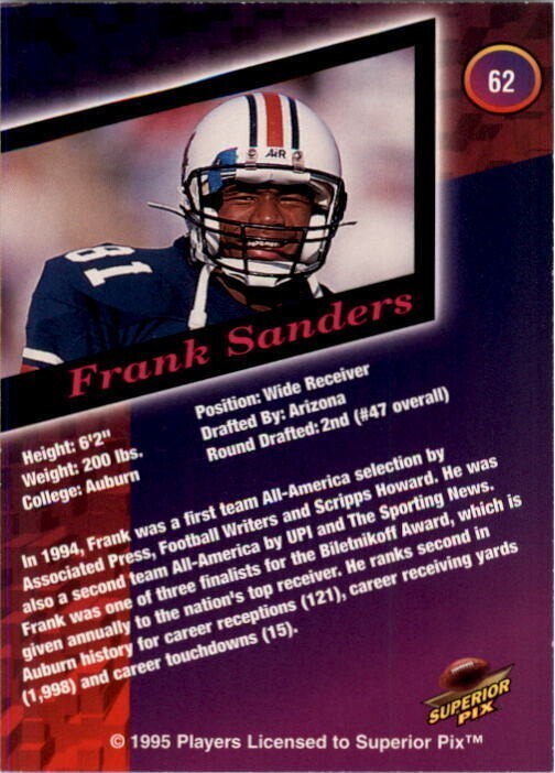 1995 Superior Pix Football Card #62 Frank Sanders | eBay