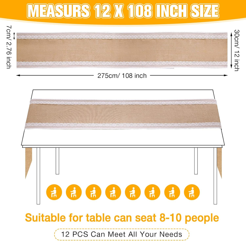 12 Pcs Burlap Table Runners 12 X 108 Inches White Lace Table Runner ...