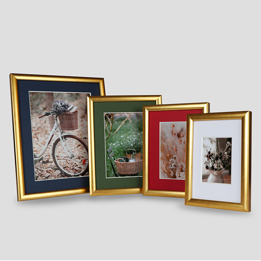 10x8 THIN GOLD PHOTO FRAME incl DARK BLUE Mount for TWO 6x4 PICTURES ...