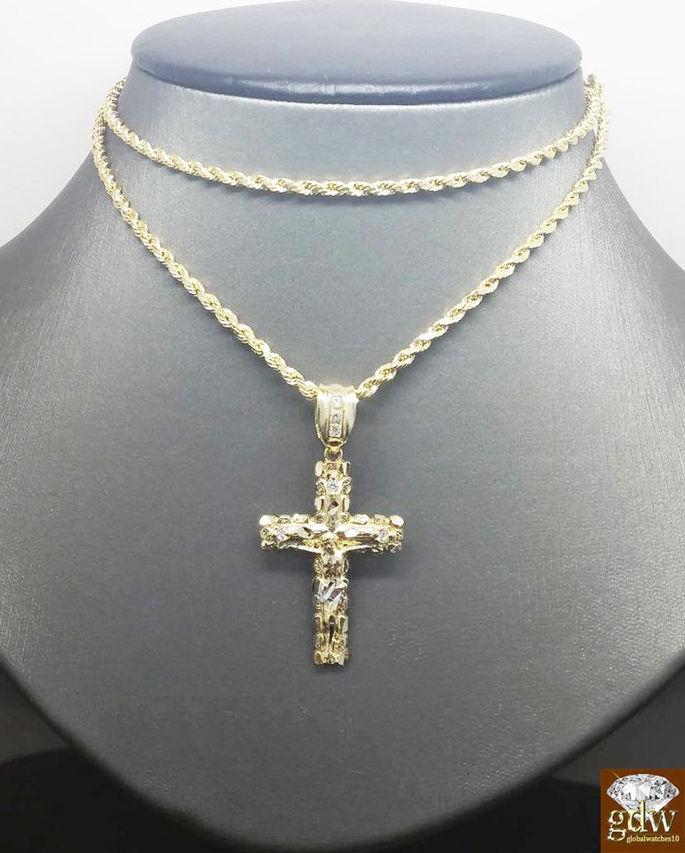 Real 10k Gold Rope Chain Cross Pendant 18" 20" 22" 24" 26 Inch Necklace ...