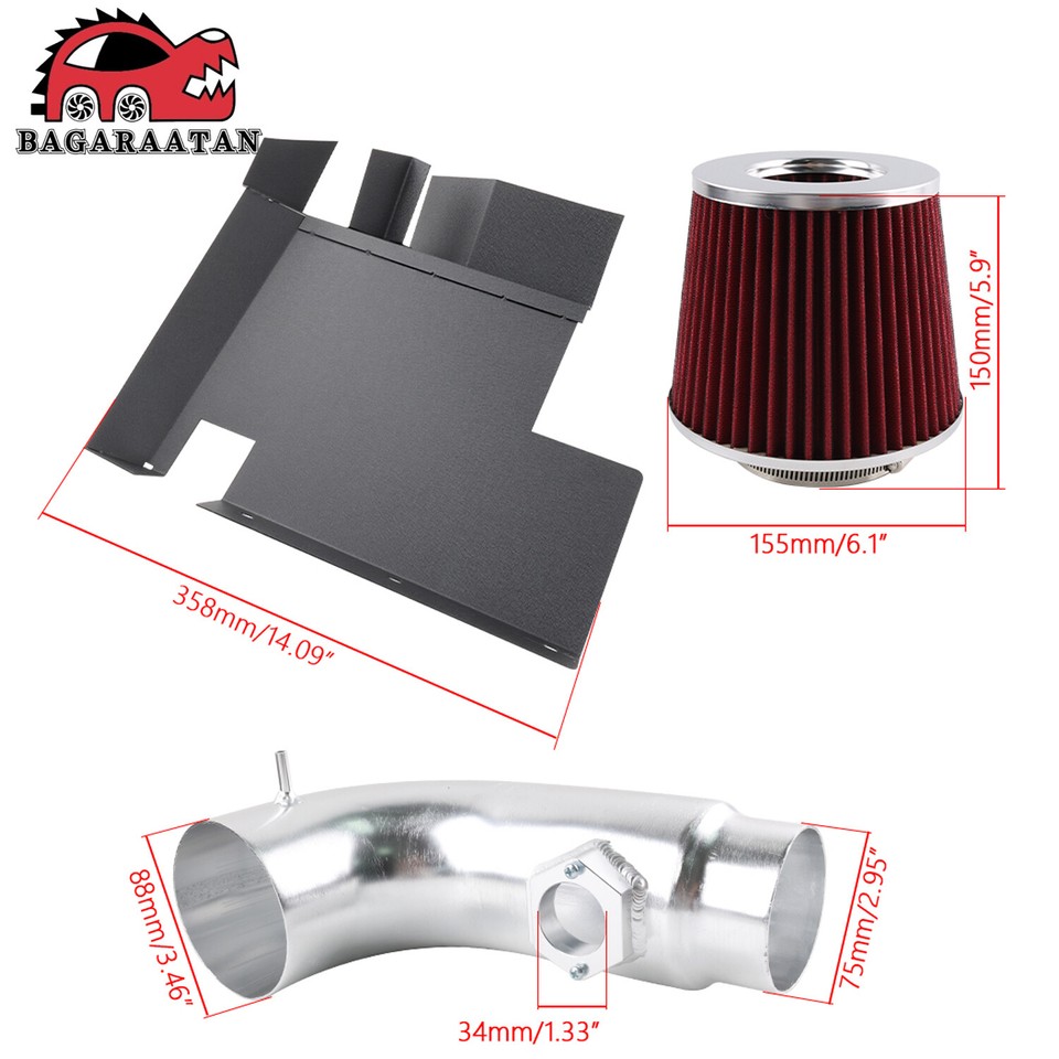 Silver Red For 2007-2011 BMW 128i 328i 3.0L 6cyl Heat Shield Cold Air ...