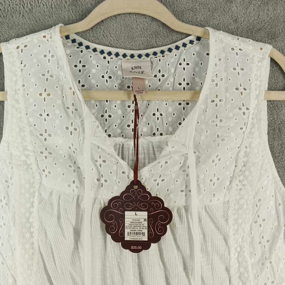 NWT Knox Rose Floral Eyelet Embroidered Top Tassel Tie Rib Knit White ...