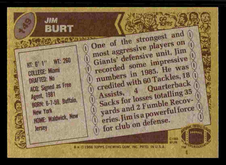 1986 Topps Jim Burt #149 - New York Giants | eBay