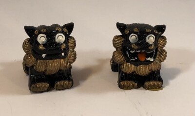 Chinese Guard Lion Statue Resin Figurine Pair Foo Dog Feng Shui Black ...