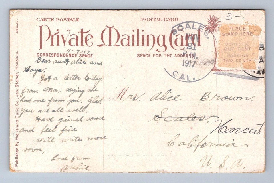 ALOHA GREETINGS FROM HAWAIIAN ISLANDS HAWAII POSTCARD 1917 | eBay