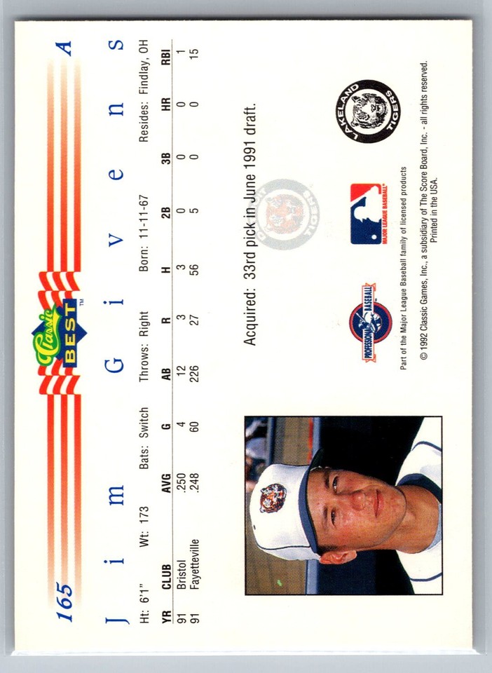 Jim Givens 1992 Classic Best Set Break BASEBALL #165 Lakeland Tigers | eBay