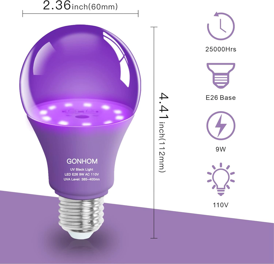 2 Pack A19 LED Black Light Bulbs, 9W Black Light Light Bulb(100Watt ...