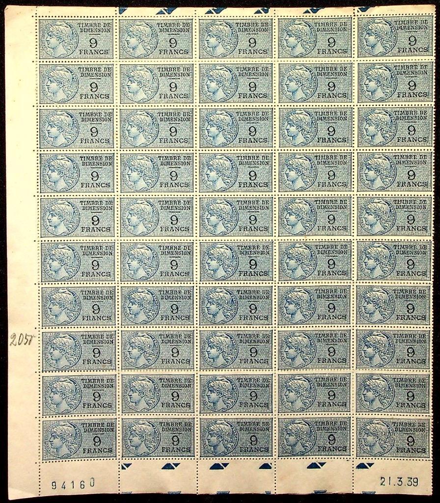 FRANCE: 1939 10 x 5 Part Sheet 9 Francs Blue Unused Revenue Examples ...