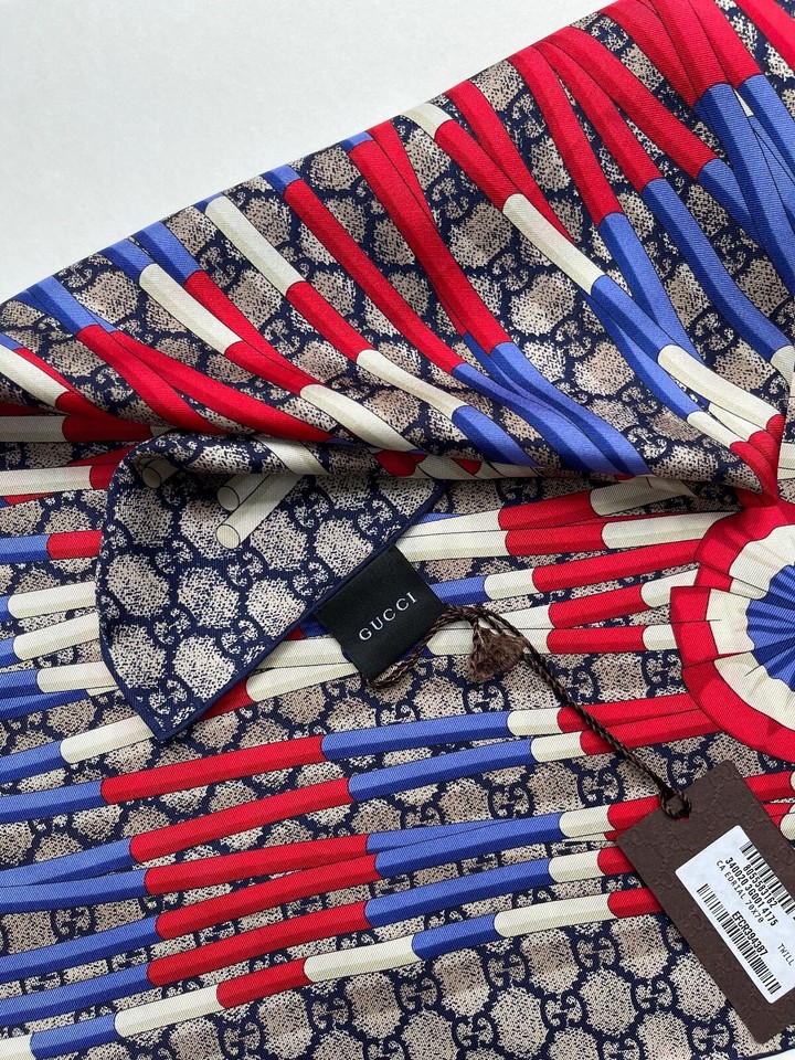 New Gucci Scarf GG Logo WEB Club Blue Silk Wrap Bandana Headband with ...