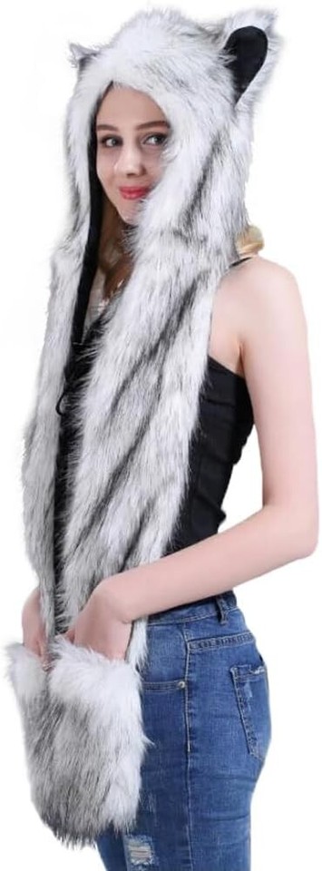 Faux Fur Animal Hoods Hat Scarf Mittens Spirit Anime Paws Ears,Furry ...