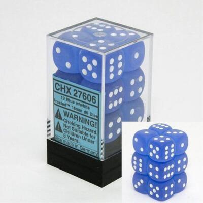 Chessex Dice d6 Sets 16mm Frosted Blue w/ White Six Sided Die 12 Set ...