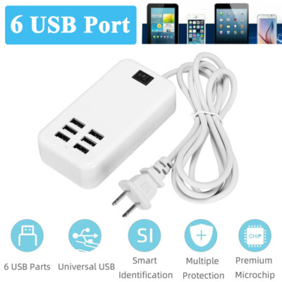 6 Port USB Hub Fast Wall Charger Station Multi-Function AC Power ...