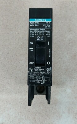 Siemens BQD120 20Amp Single Pole 277V AC 125V DC 14KAIC Bolt in Breaker ...