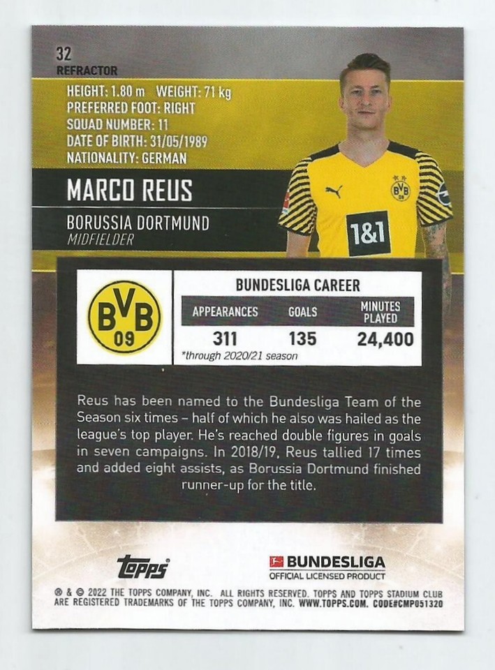 2021-22 Topps Stadium Chrome Bundesliga MARCO REUS Refractor Card #32 ...