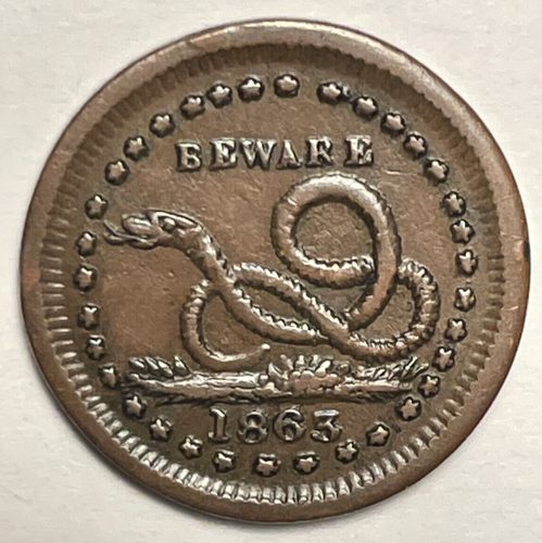 1863 Civil War Token F 136/397a Beware the Snake Jackson The Union Must ...