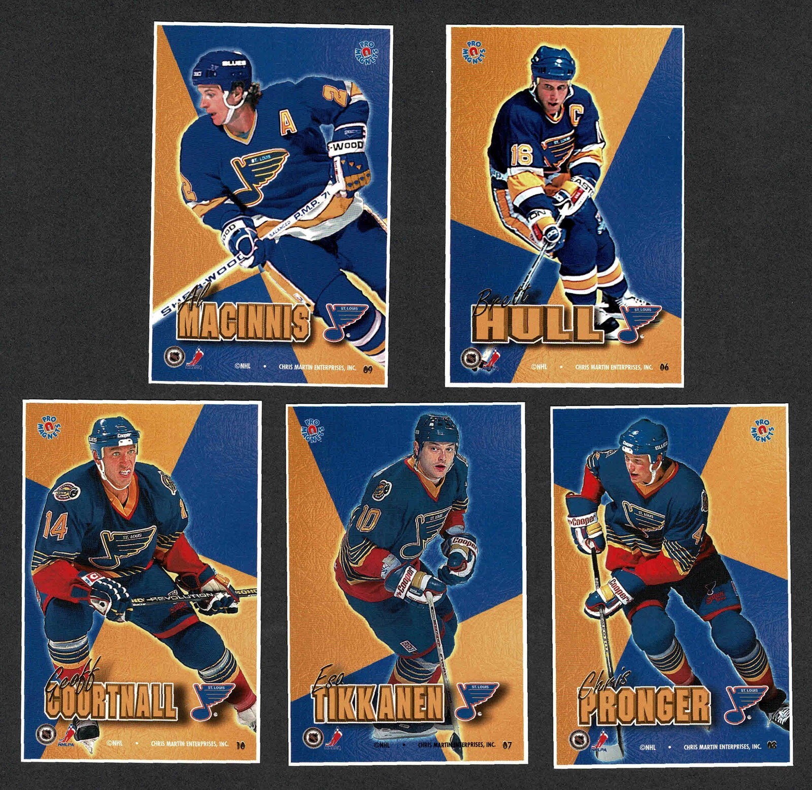 1995-96 Pro Mags Blues' Proof Set of 5, Hull,MacInnis,Pronger,Tikkanen ...