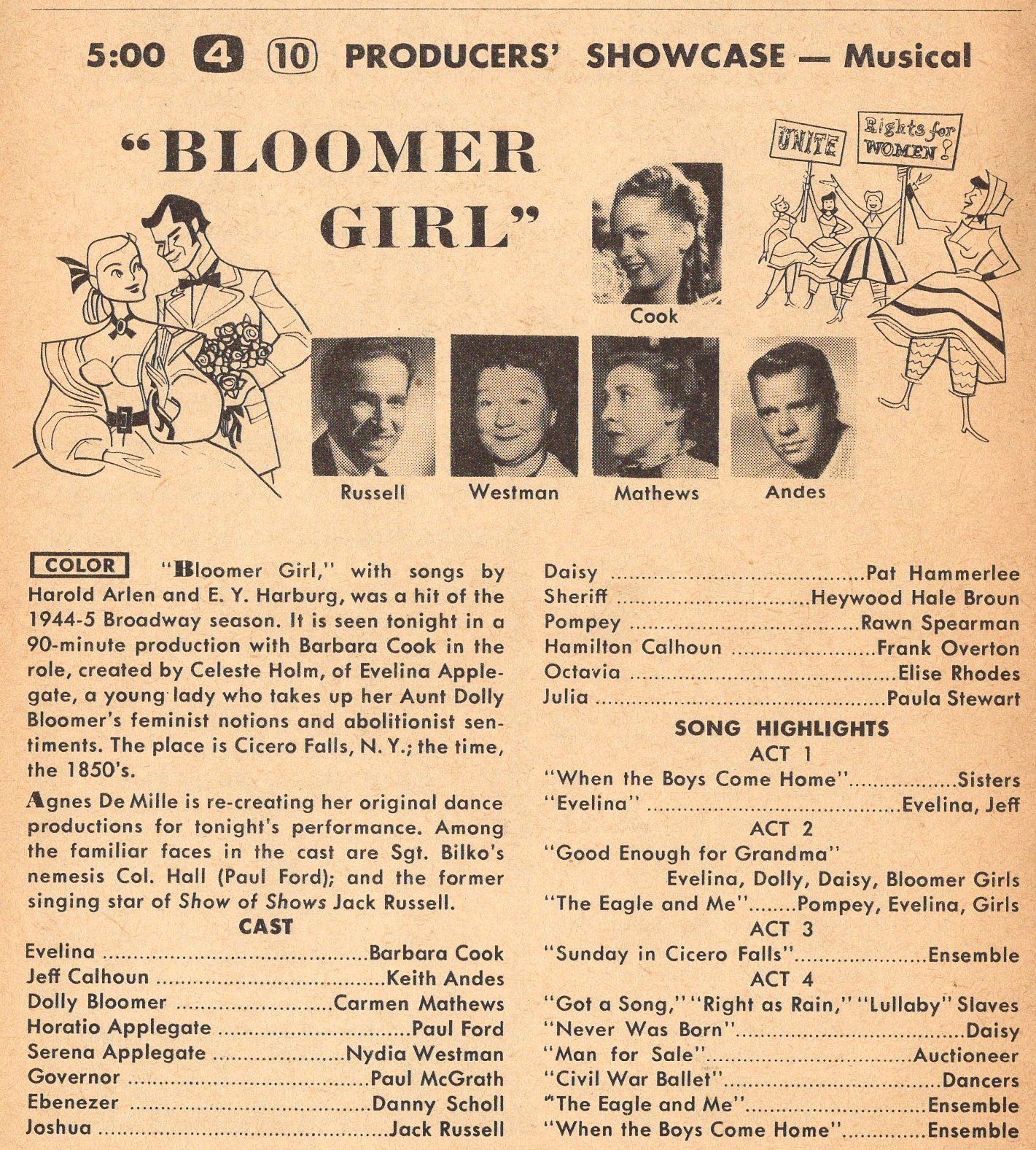 1956 TV AD~BLOOMER GIRL~BARBARA COOK~CARMEN MATHEWS~NYDIA WESTMAN~JOHN ...