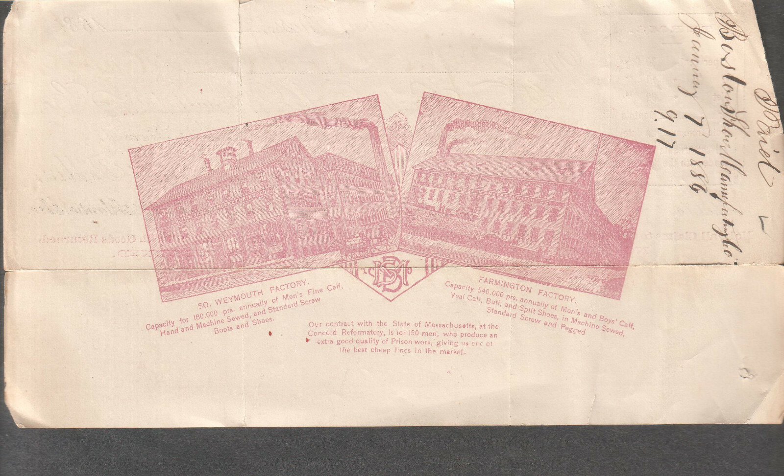 1886 receipt Boston Shoe Manufacturing Co /Rufus Fellows Centre Harbor ...