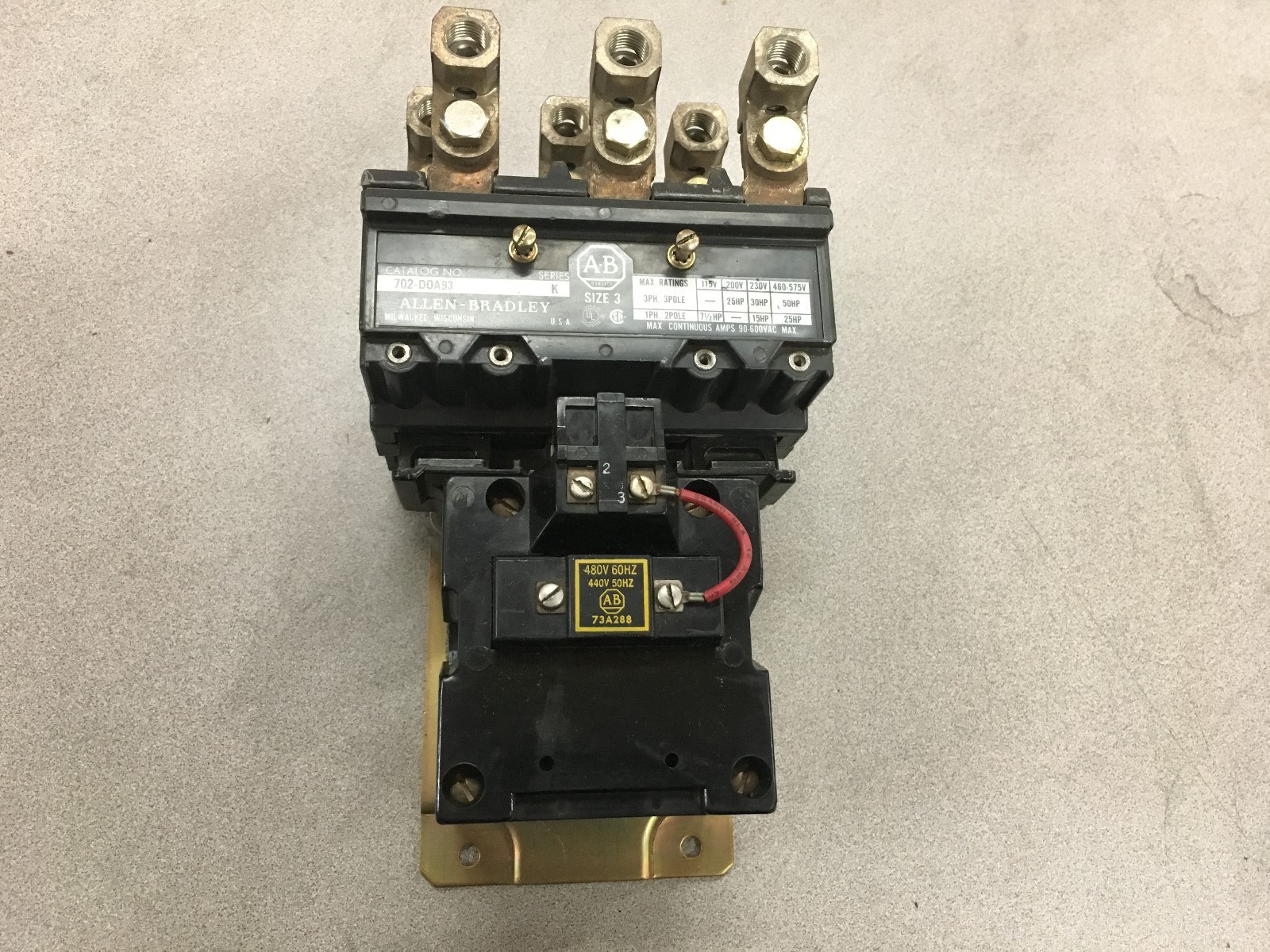 NEW NO BOX ALLEN-BRADLEY SIZE 3 STARTER 440/480V. COIL 702-DOA93 SERIES ...