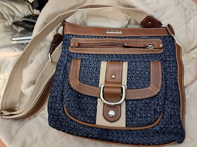Chaps Crossbody Handbag Purse Ratan Woven Straw Navy Blue Brown Tan ...