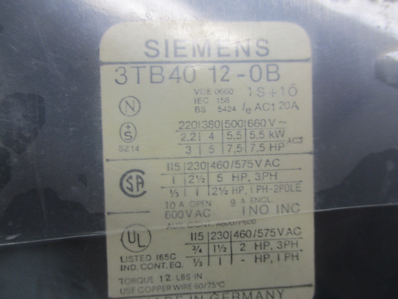 Siemens 3tb4012-0b Starter Contactor 24 VDC Coil 5 HP @ 460 3tb40 12-0b ...